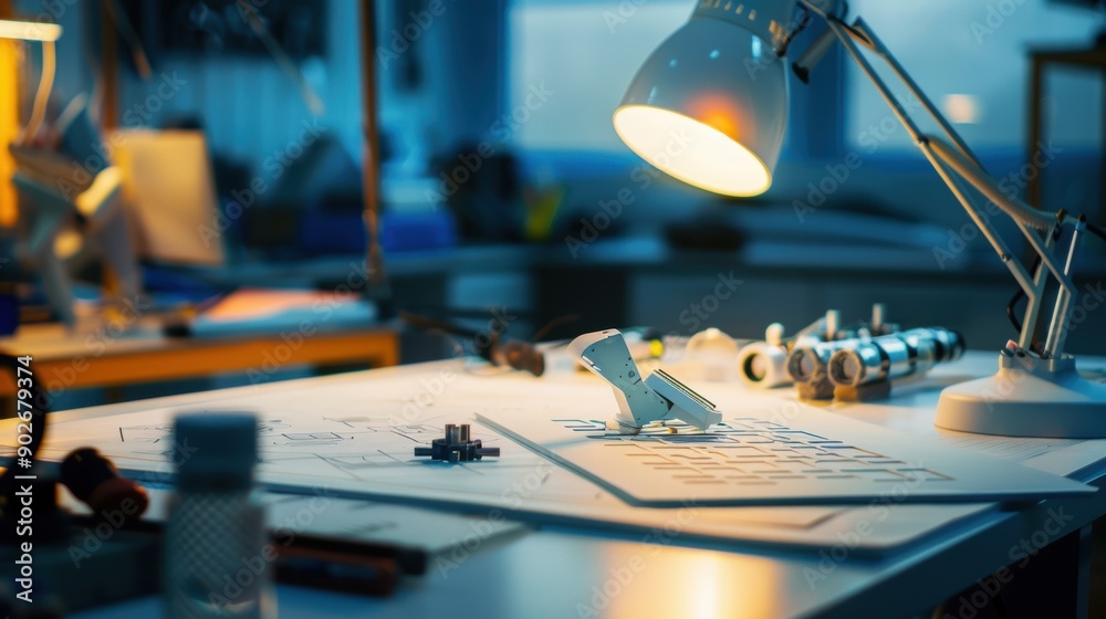 Illuminated desk lamp shines on robot prototype and blueprints in ...