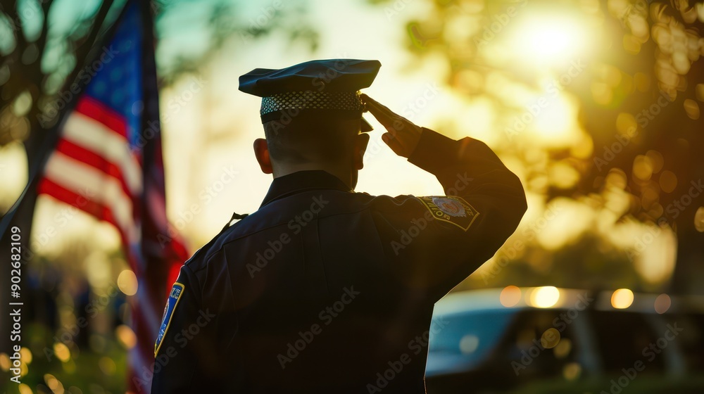 Police officer saluting at a memorial service, paying tribute to fallen ...