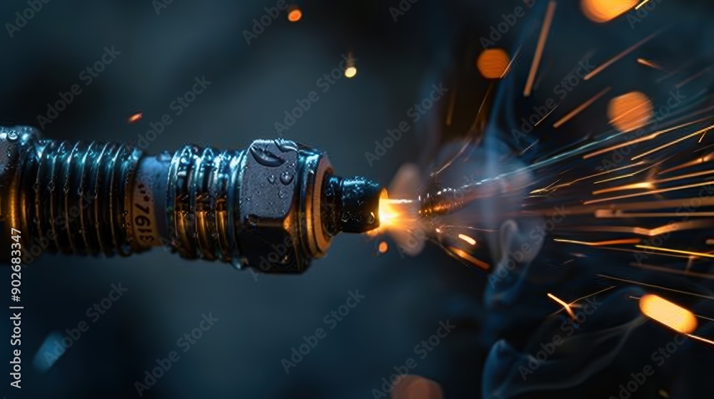 Sparkling wet spark plug in the dark: glowing with water drops and ...