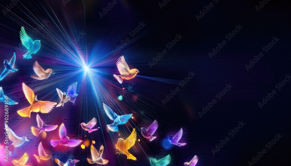 Flying birds images, colorful neon light birds and lens flare, overly ...
