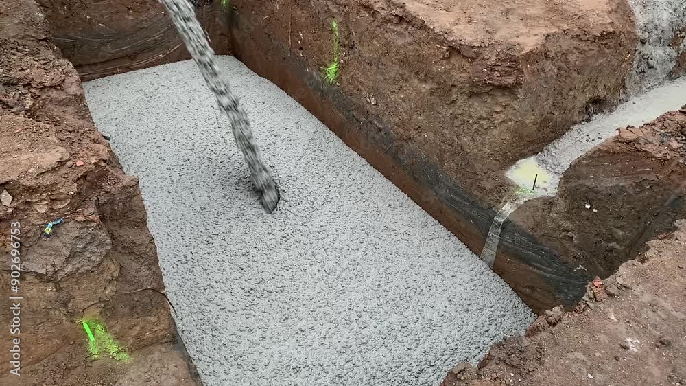 Slow motion clip while pouring concrete in a hole in a construction ...