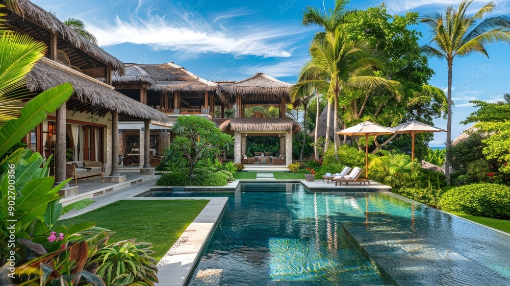 Envision a luxurious tropical villa with an open-air design, thatched ...