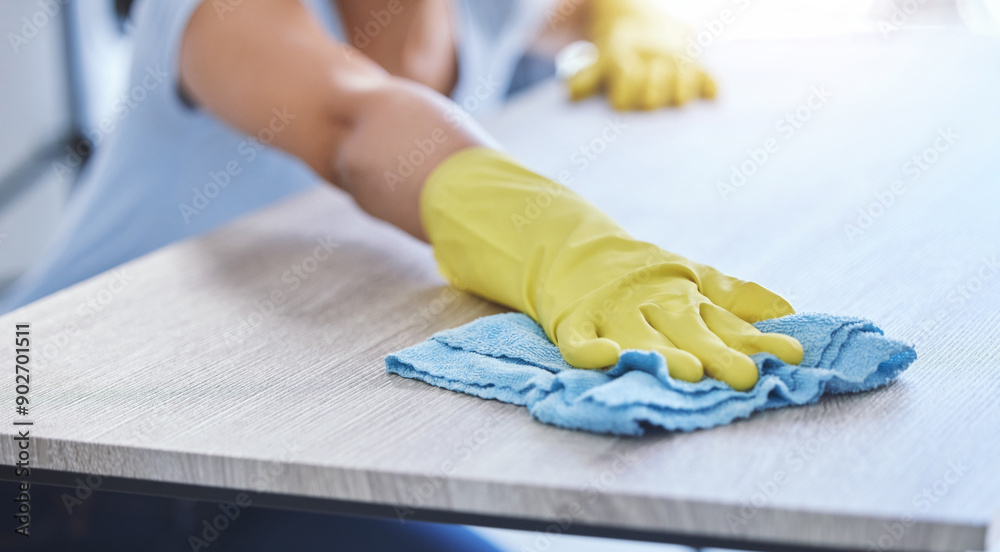 Cleaning, wipe table and person with cloth for hygiene, disinfection ...