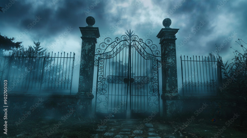 Forbidden Gate: An eerie wrought iron gate, shrouded in mist, stands as ...