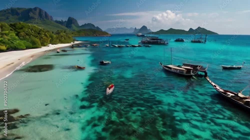 a Beautiful Tropical Waters. Lagoon Background with Boats and Buildings ...