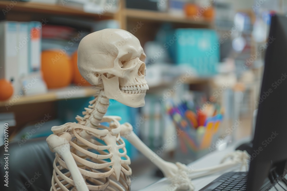 Skeleton working overtime using a desktop computer in an office Stock ...