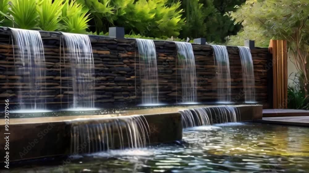 Modern outdoor home water feature fountain waterfall as wide banner ...