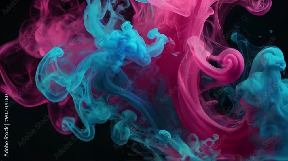 Smoke swirl. Paint water blend. Defocused neon pink blue color glowing ...