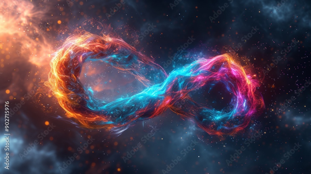 Cosmic themed infinity symbol with swirling colors of blue and orange ...