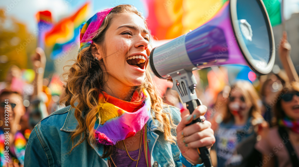 A beautiful young woman activist with a rainbow bandana and megaphone ...