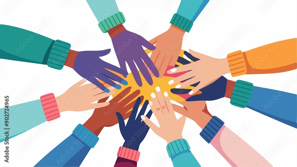 Many hands make light work. This image depicts a stack of hands showing ...