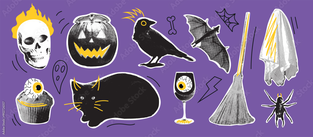 Set of Halloween retro halftone paper stickers for 90s style collages ...