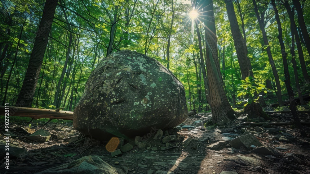 Peaceful hiking trail with sunlight filtering through dense forest ...