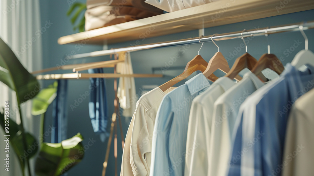 Modern wardrobe setup featuring neatly arranged clothing and ...