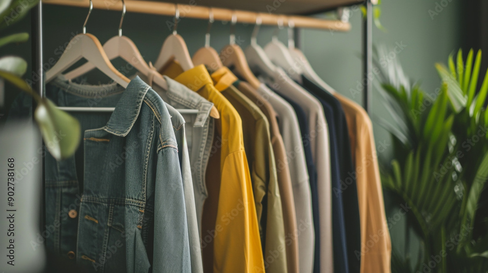 Modern wardrobe setup featuring neatly arranged clothing and ...