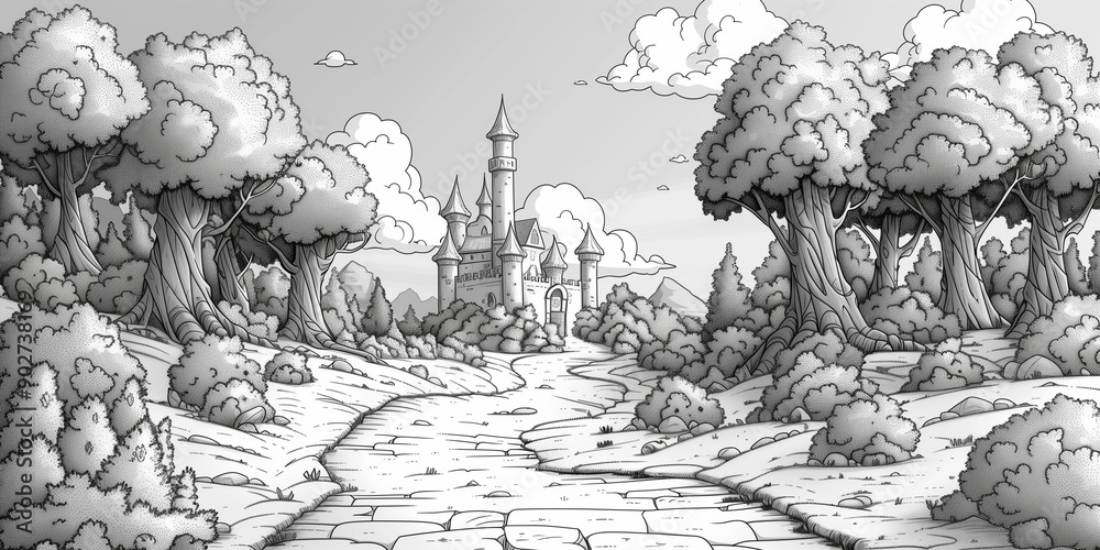 Coloring book page, fantasy theme: A simple illustration of a mystical ...