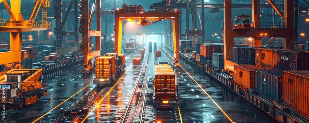 High-tech robotic loading bay at night with shipping containers and ...