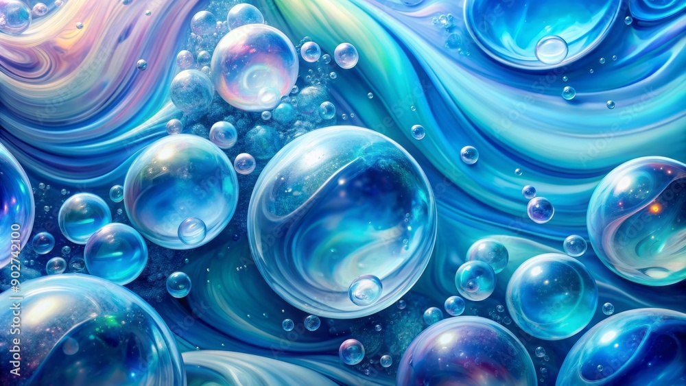Vibrant, swirly, blue soapy water background with iridescent bubbles ...