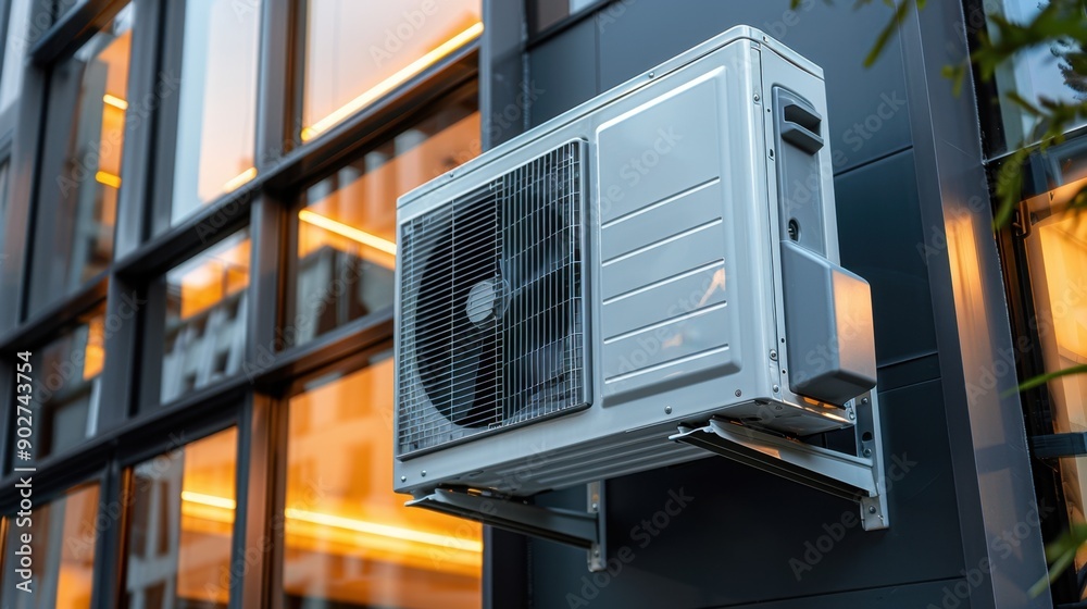 An outdoor air conditioning unit attached to a modern building with ...