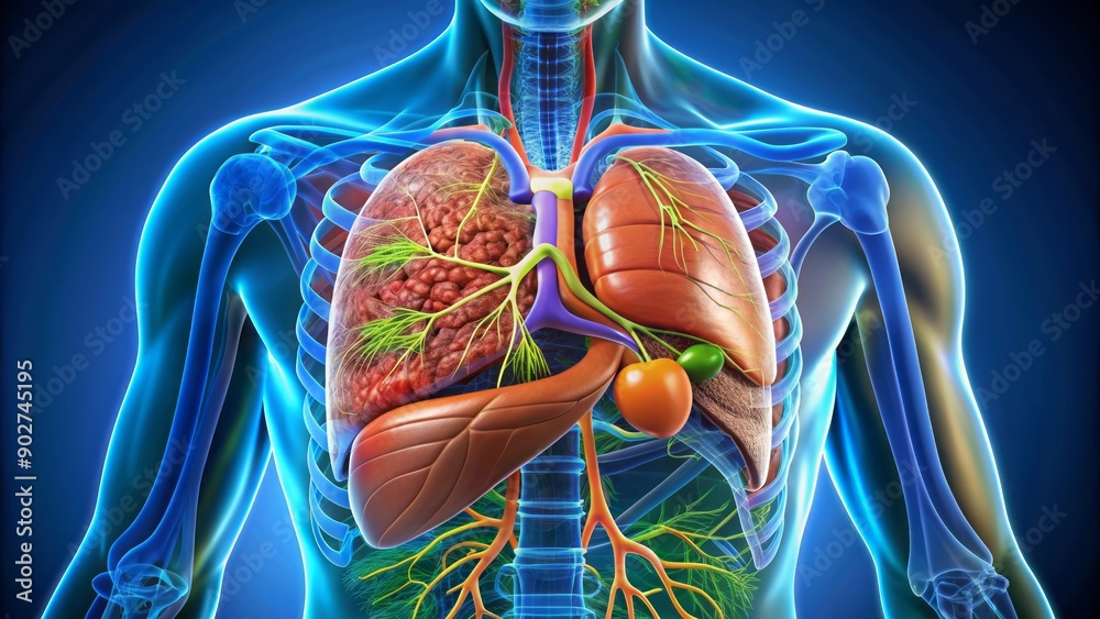 highly detailed illustration of human liver anatomy showcasing lobes ...