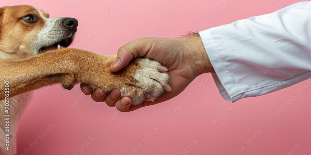 Veterinarian doctor hand holds a dog's paw on colored background. A man ...