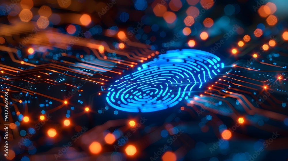 Digital fingerprint, circuit board, blue neon glow, cybersecurity ...