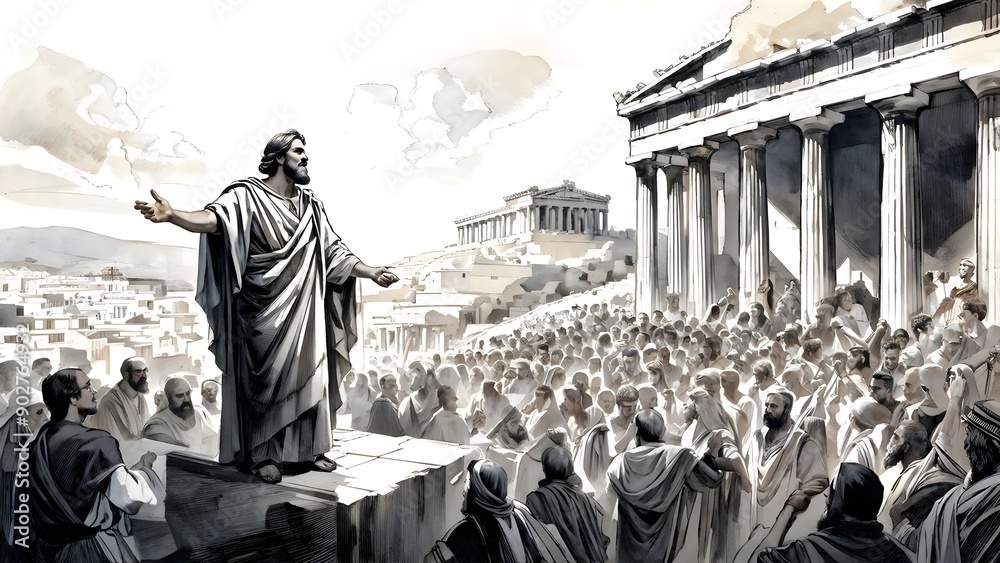 The Apostle Paul Preaching to a Diverse Crowd in the Ancient City of ...