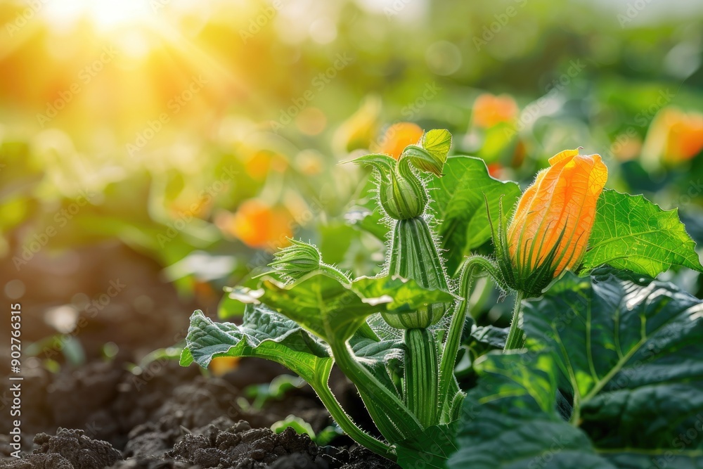 A field of orange squash plants with green leaves. The squash are in ...