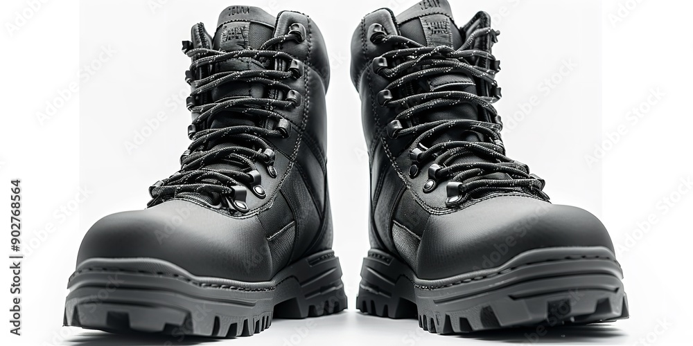 In-depth of newly developed compact black military boots placed on a ...