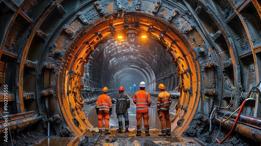 Engineers Inspecting Tunnel Progress. Engineers in safety gear inspect ...
