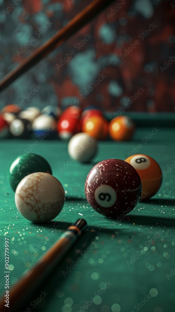 Image shows antique billiards table with green cloth, balls, and pool ...