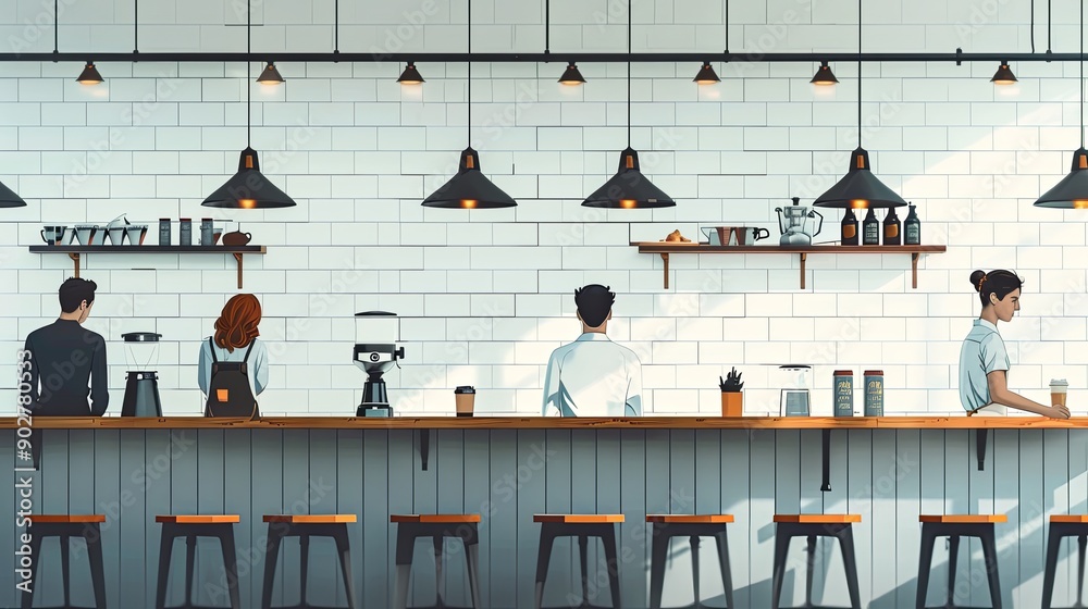 vector, illustration, Coffee shop. Waiting line in cafe, barista doing ...