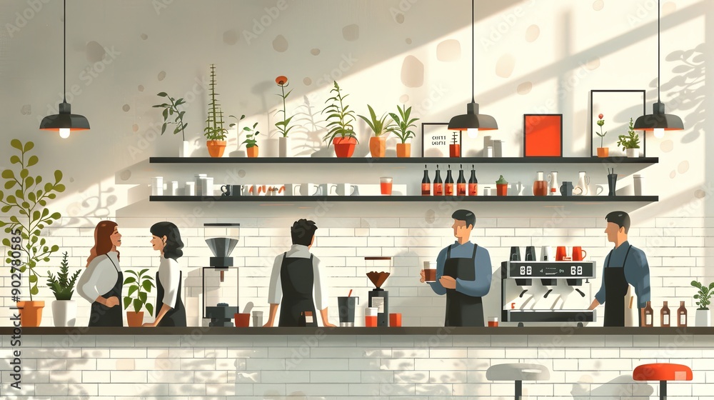 vector, illustration, Coffee shop. Waiting line in cafe, barista doing ...