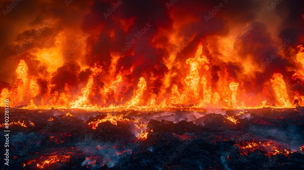 Intense Inferno. A fierce orange wildfire blazing on black coal and ash ...