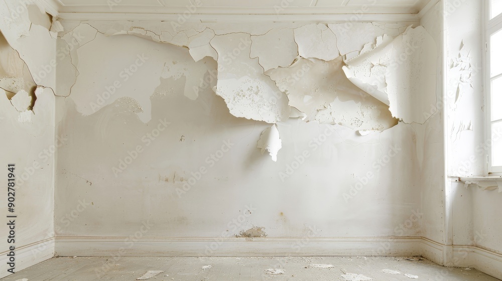 Abandoned room with a decaying ceiling, large chunks of plaster missing ...