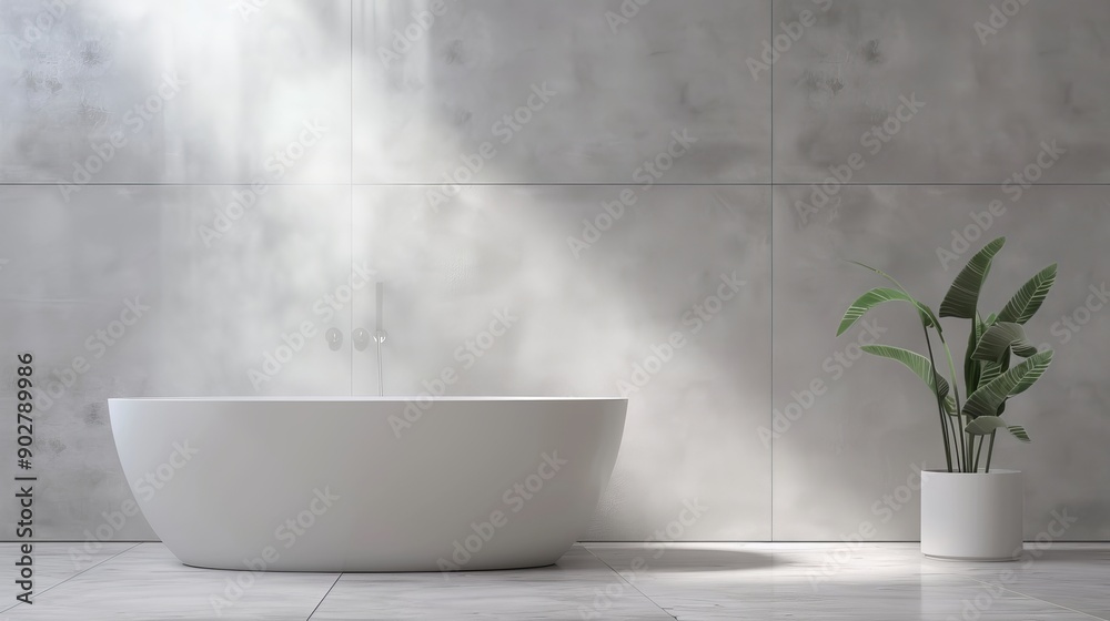 A modern bathroom with a humid atmosphere, steam rising and ...