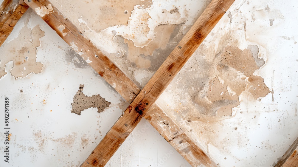 Close-up of a ceiling with structural beams, discoloration patterns ...