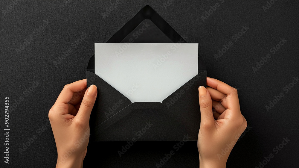 hand holding a mockup of an open black envelope being with blank white ...