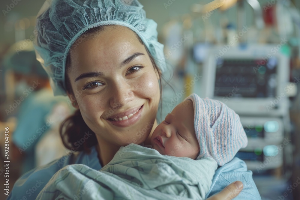 Foto de hospital where a new mother in scrubs and a surgical cap is ...