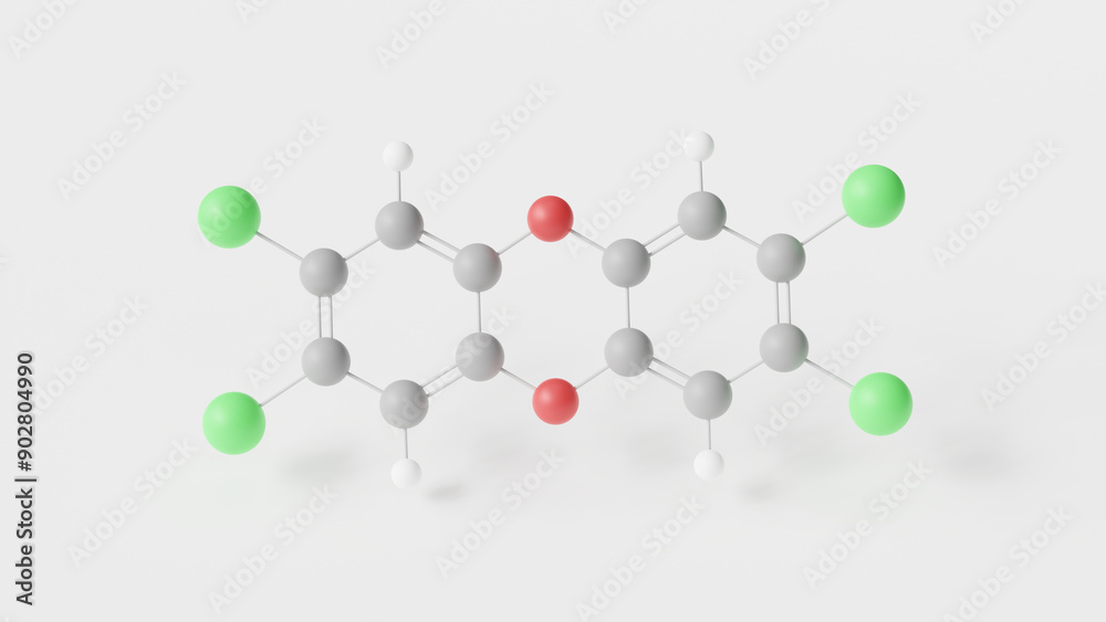 2,3,7,8-Tetrachlorodibenzo-p-dioxin molecule 3d, molecular structure ...
