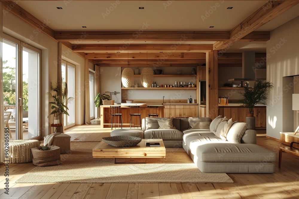 cozy warm home interior of a chic country house with an open plan, wood ...