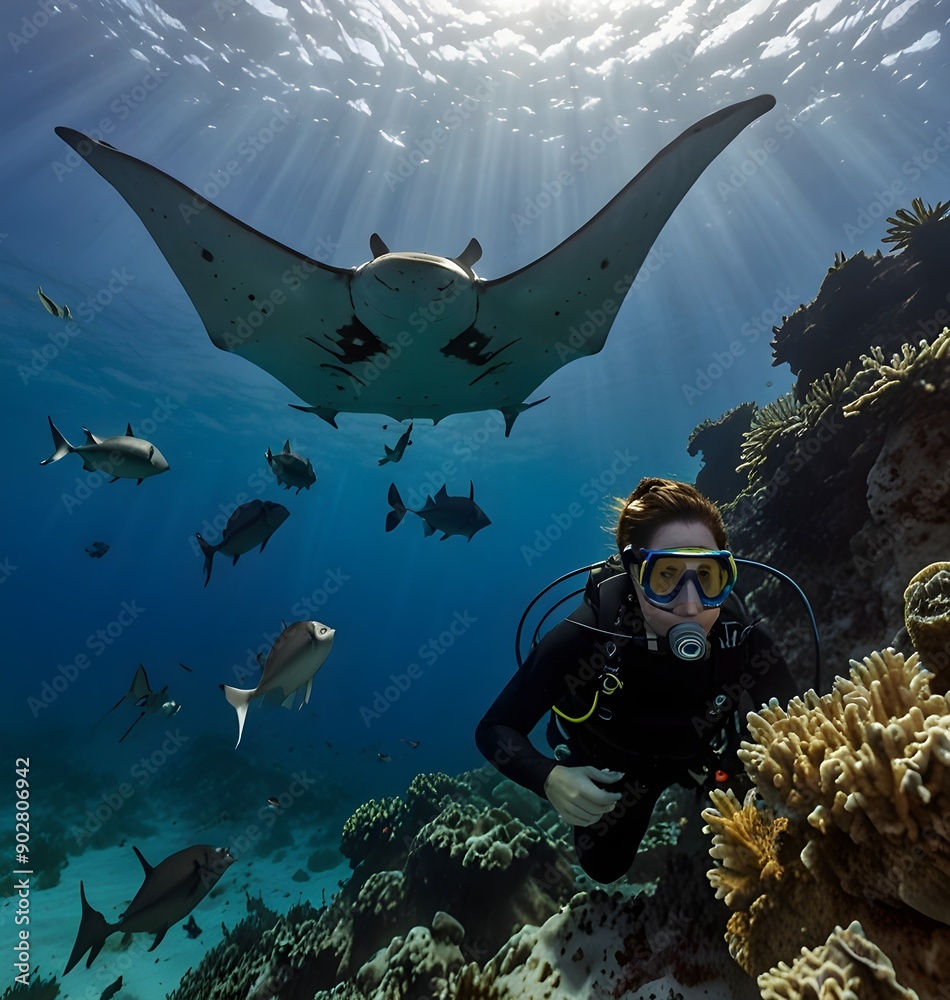 Female diver filming Giant Oceanic manta ray, two scalloped hammerheads ...