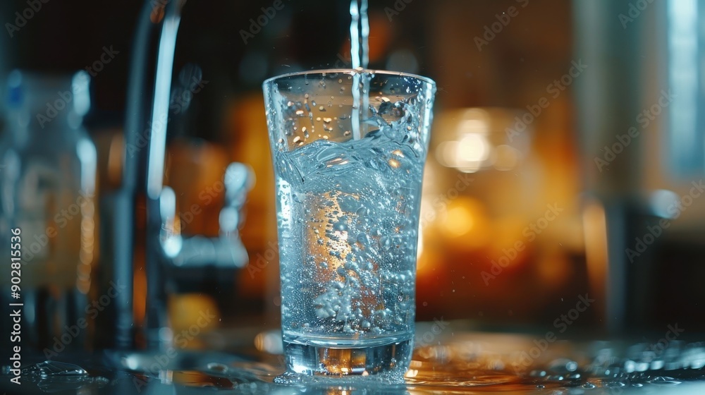 Sparkling Water Cascades Into a Clear Glass Creating Effervescent Bubbles in a Cozy Kitchen ...