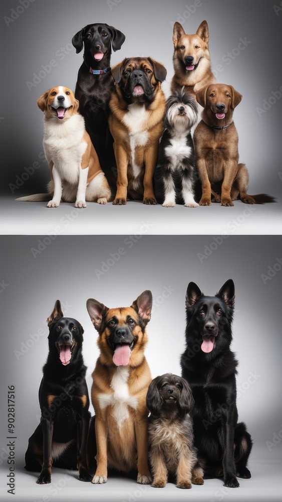 Seven dogs of diverse breeds & colors in two poses calm with closed ...