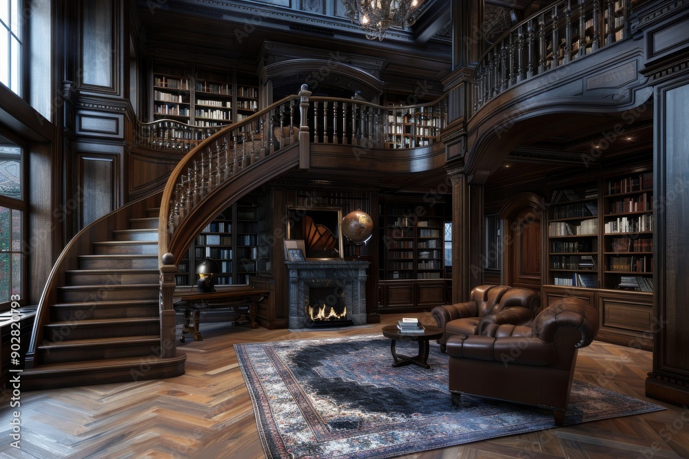 A luxurious library featuring an elegant dual wooden staircase, plush ...