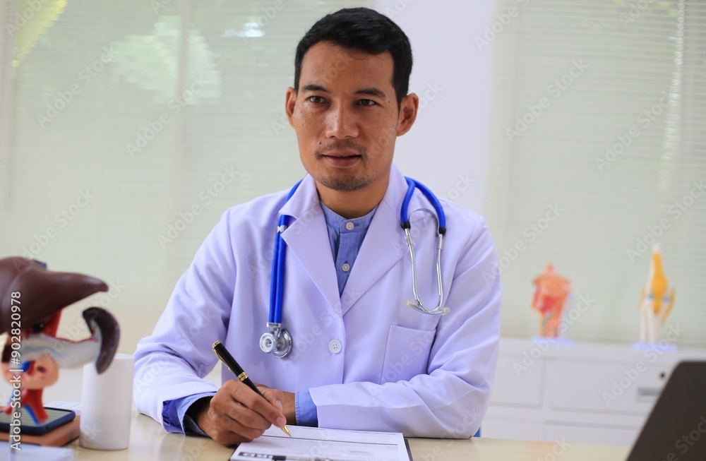 A male gynecologist examines prosthetic organs in a medical room ...