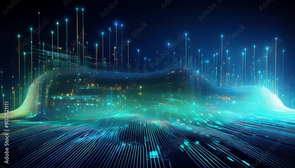 Generative AI transforming data into visual art, tech, blue and green ...