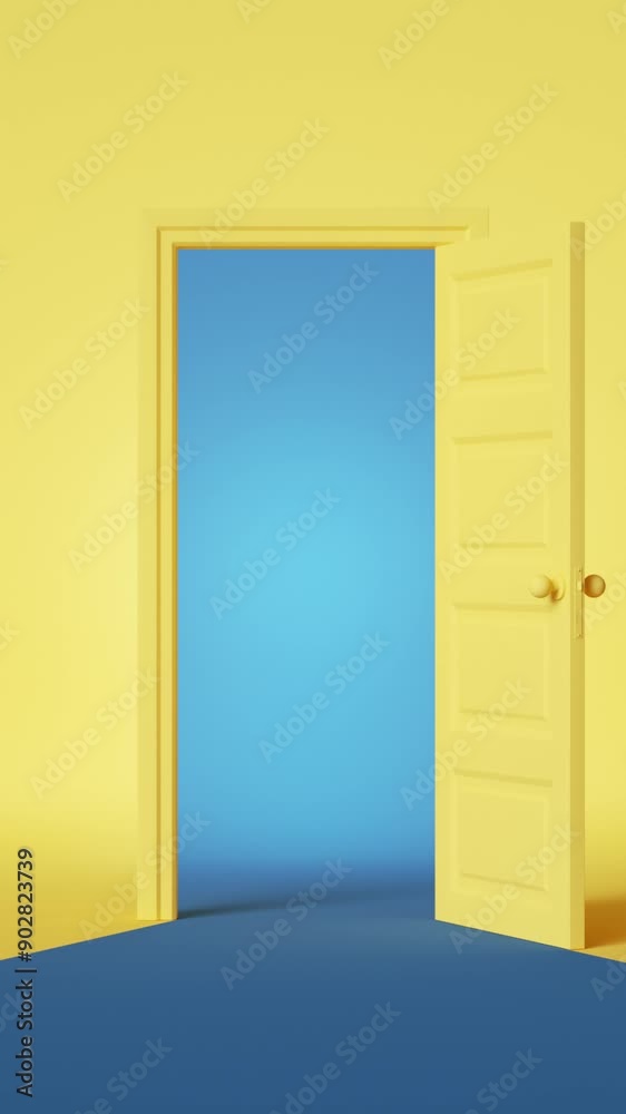 3d vertical video. Bright blue light behind the opening door inside the ...