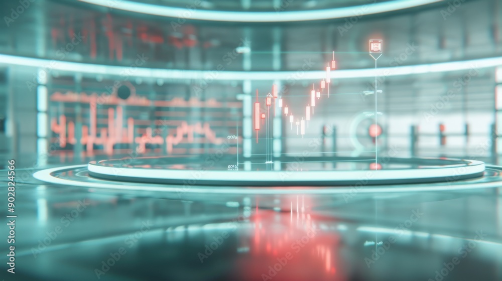 Futuristic trading floor with holographic displays and a circular ...