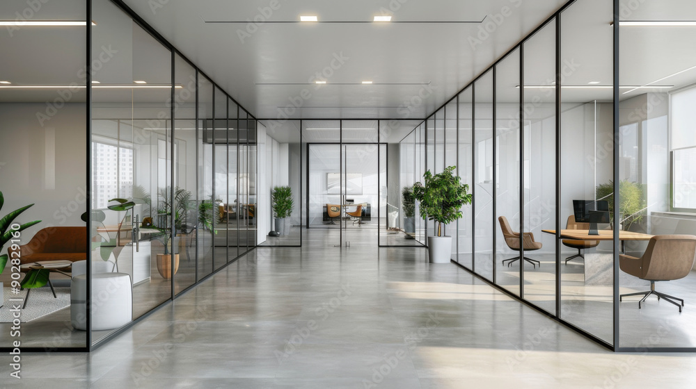 Spacious modern open-plan office with glass partitions, natural light ...